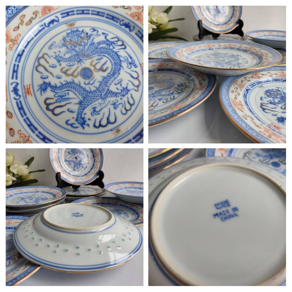 PAIR OF Chinese rice pattern wear small plates dragon design | Etsy