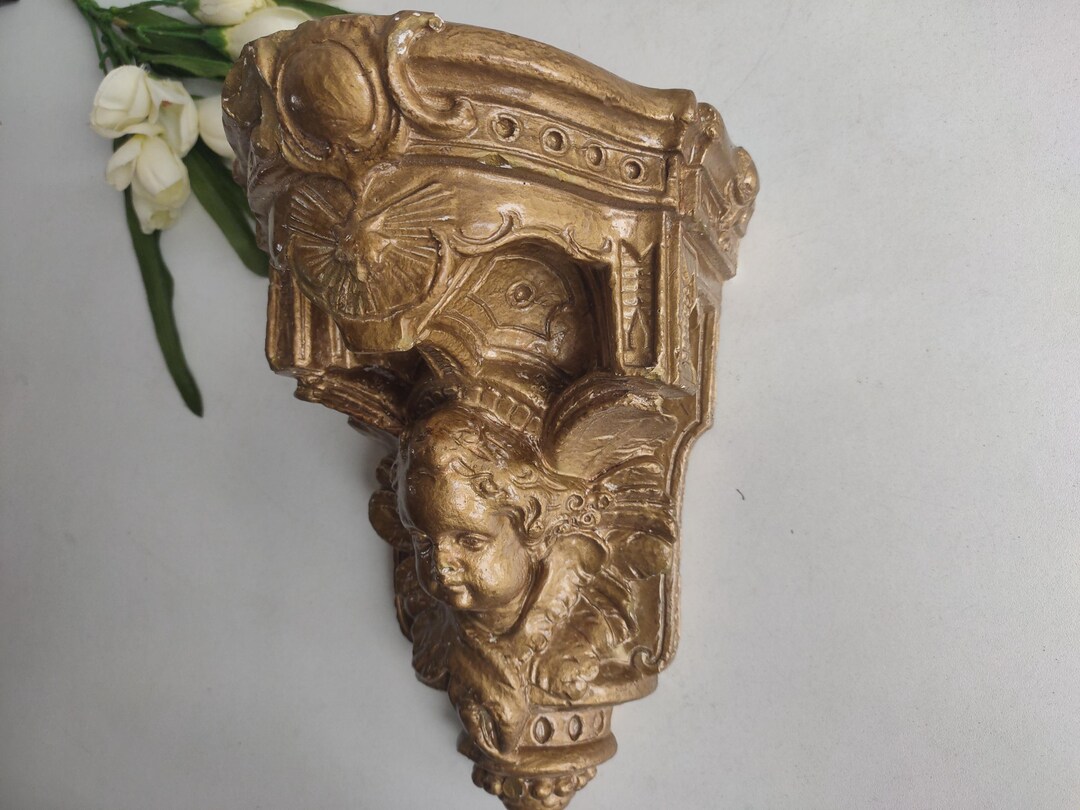 French Vintage Gold Painted Plaster Wall Shelf With Angel / Putti and ...