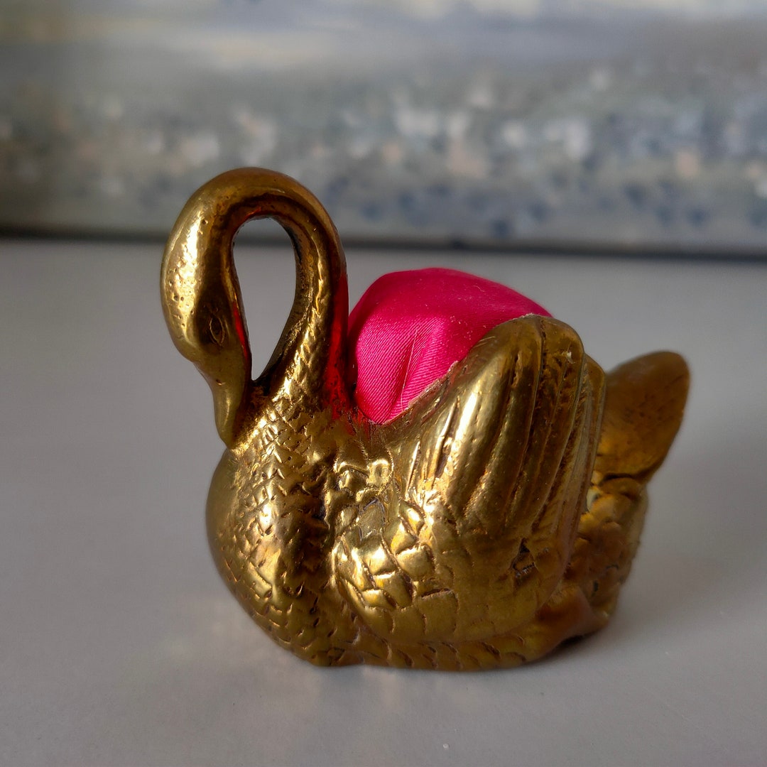 Vintage Brass / Bronze Swan Shaped Pin Cushion With Red Fabric Cushion ...