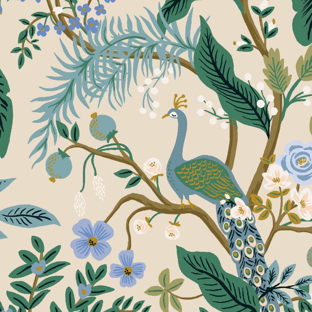 Rifle Paper Fabric Co. VINTAGE GARDEN Peacock in Cream Metallic Canvas ...