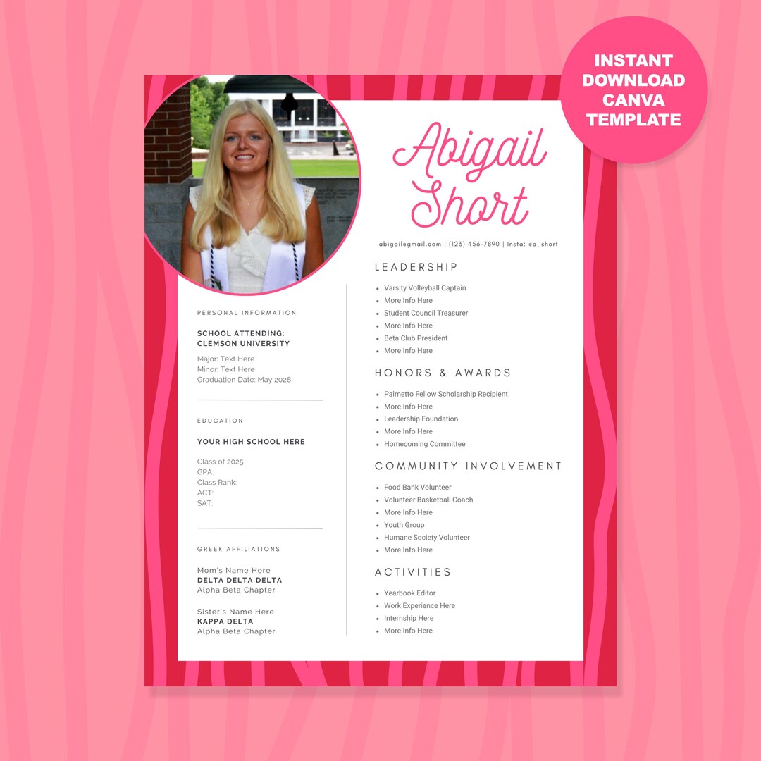 Sorority Recruitment Resume Template | Sorority Resume Canva Template ...