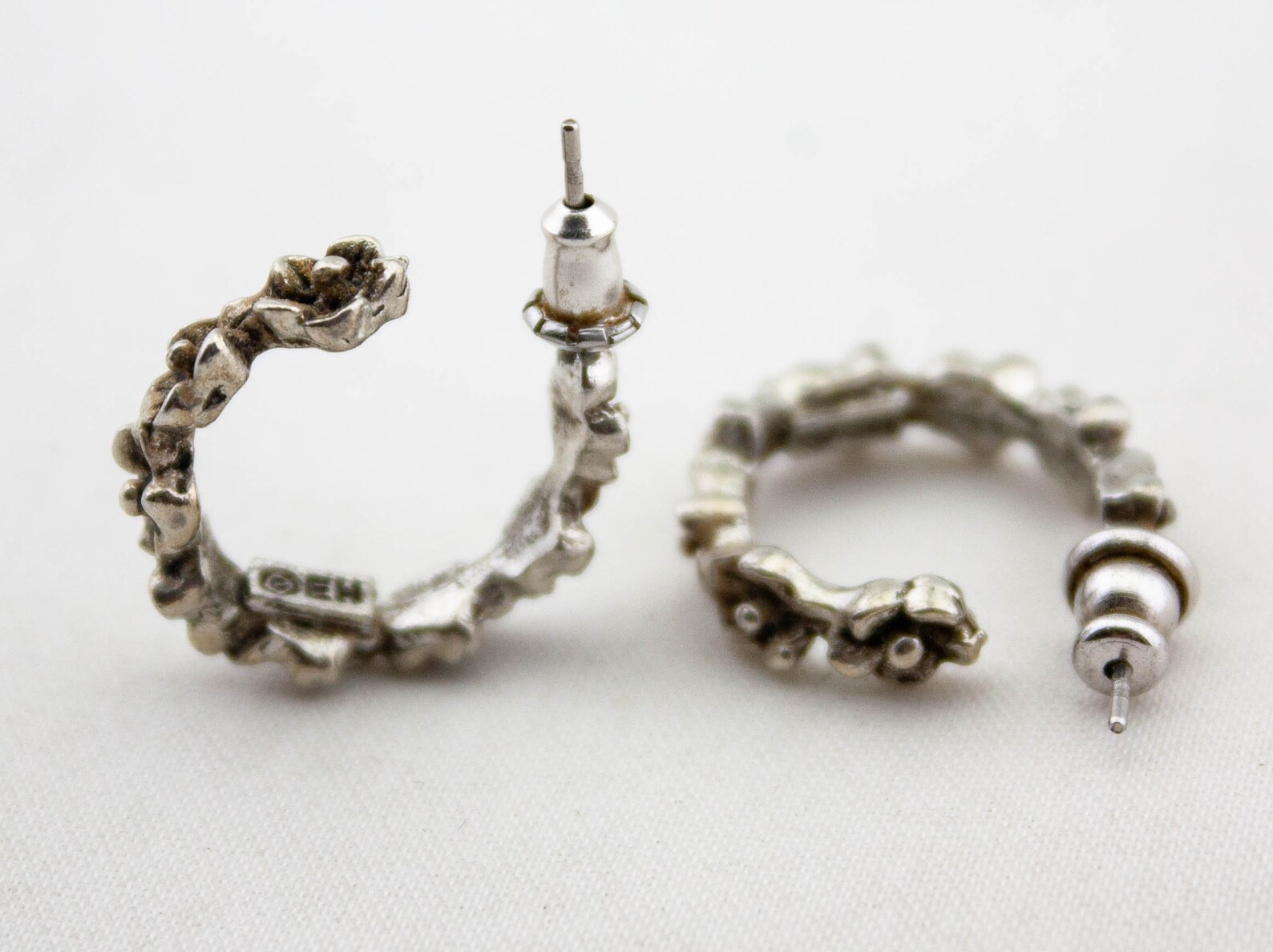Vintage EH Signed Dark Silver Tone Metal Flower Hoop Earrings - Etsy