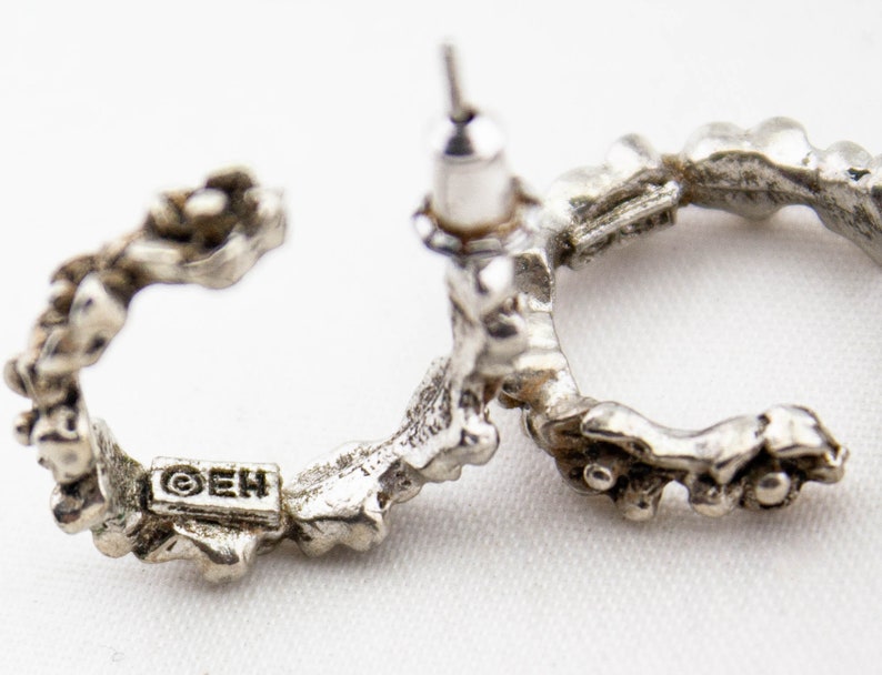 Vintage EH Signed Dark Silver Tone Metal Flower Hoop Earrings - Etsy