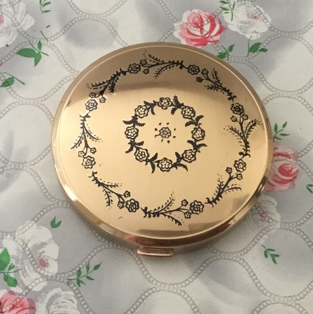 Melissa Cream Powder Compact, Gold With Black Flowers C1960s or 1970s ...
