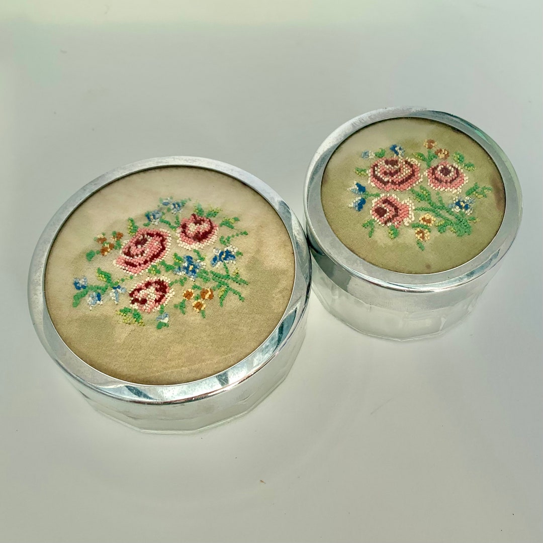 Vintage Glass Powder Bowls With Embroidery, Dressing Table Trinket Pots ...