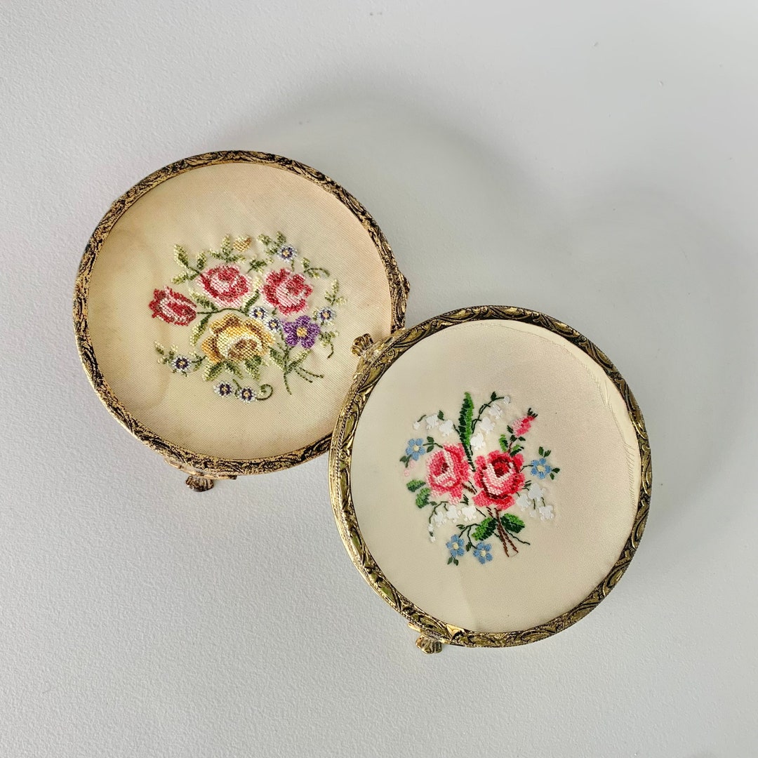 Embroidered Delina Vanity Ring Dish With Pink Petit Point Roses, Mid ...