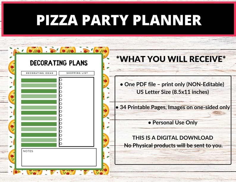 Pizza Party Planner, Back to School Party Birthday Planner, Event ...