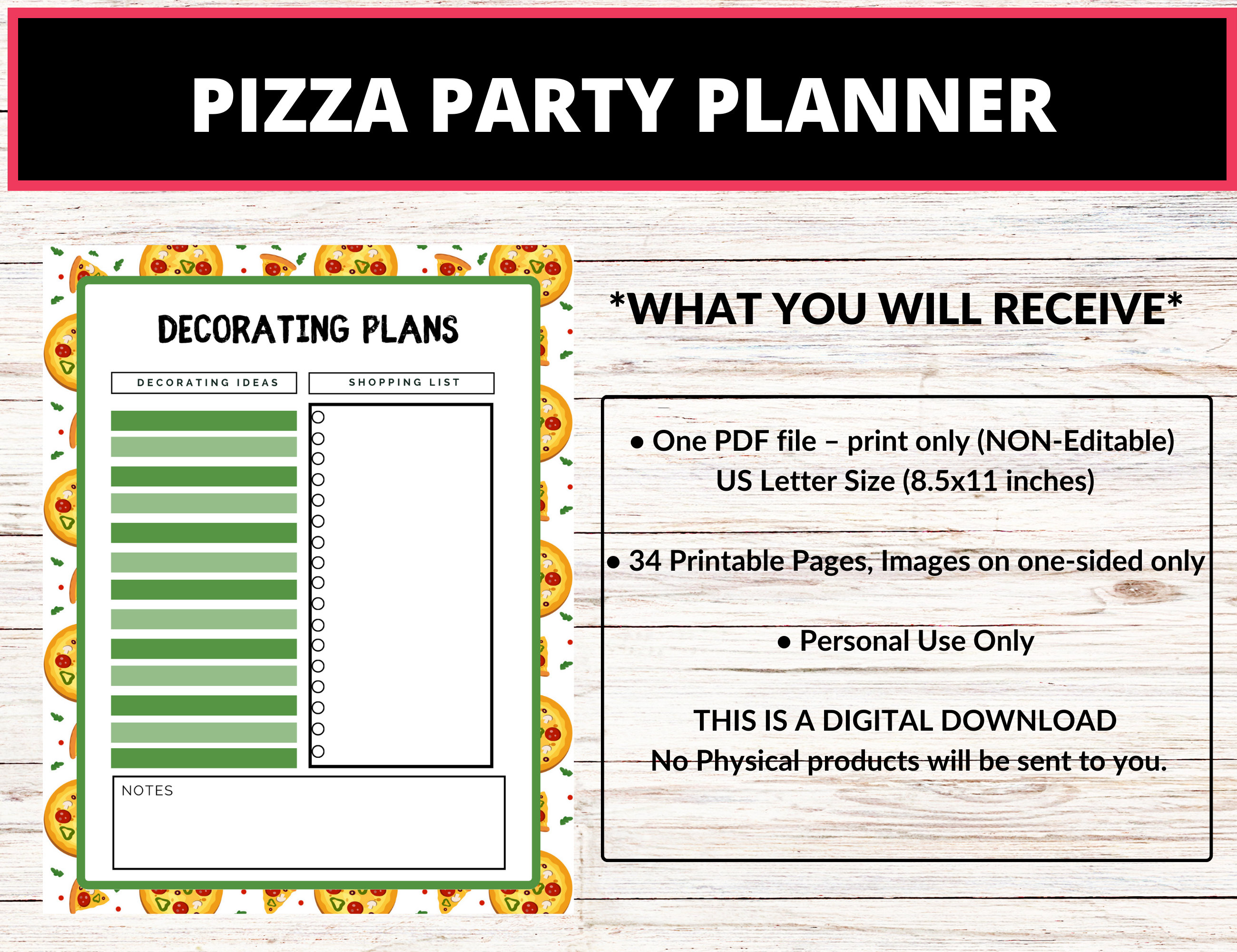 Pizza Party Planner, Back to School Party Birthday Planner, Event ...