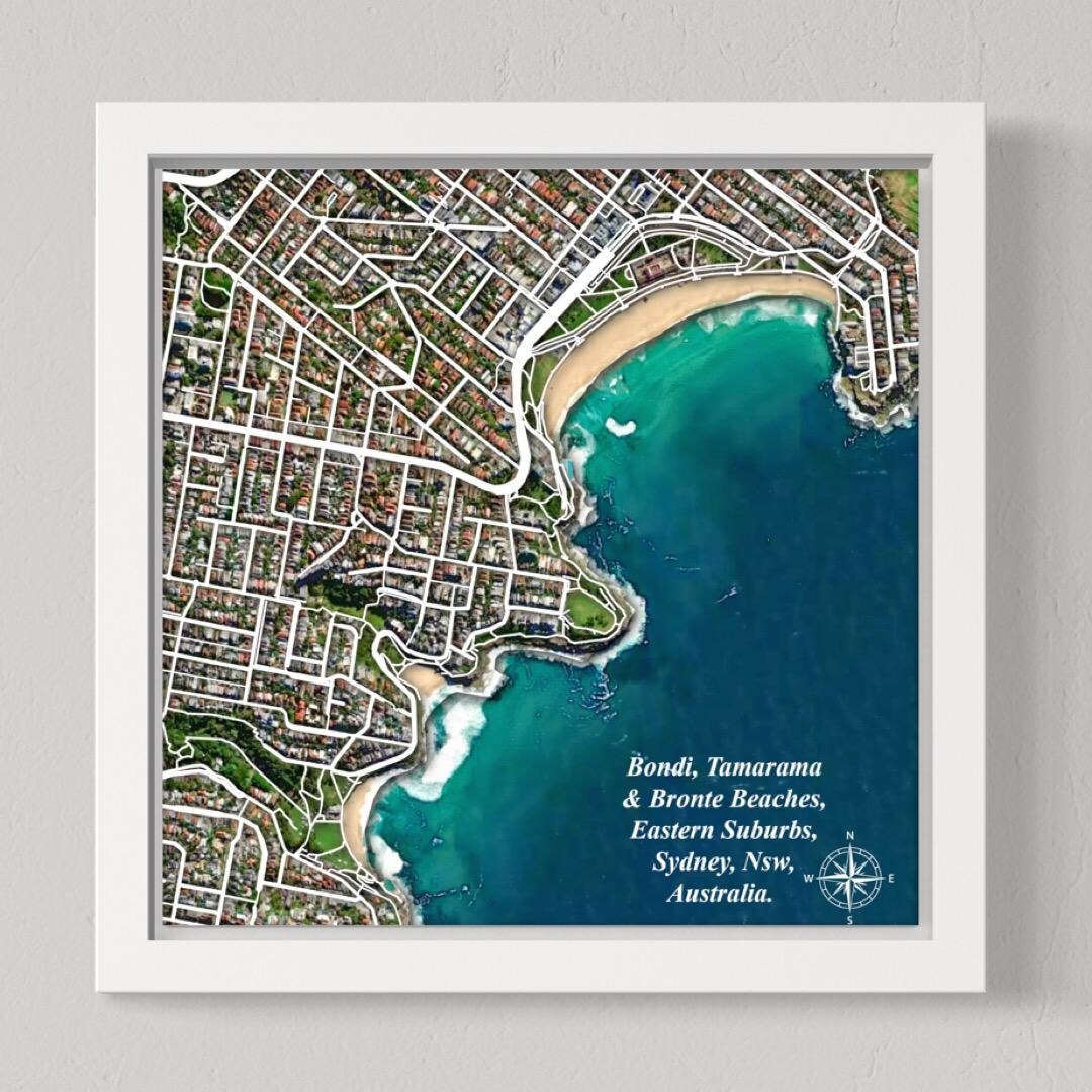 Sydney Bondi, Tamarama & Bronte, NSW, Australia Map / Custom Wooden Map ...