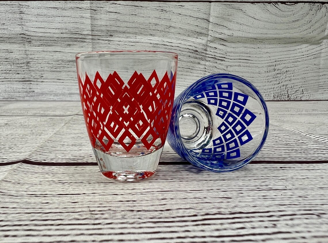 Set of Two French Red and Blue Diamond Pattern Shot Glasses - Etsy
