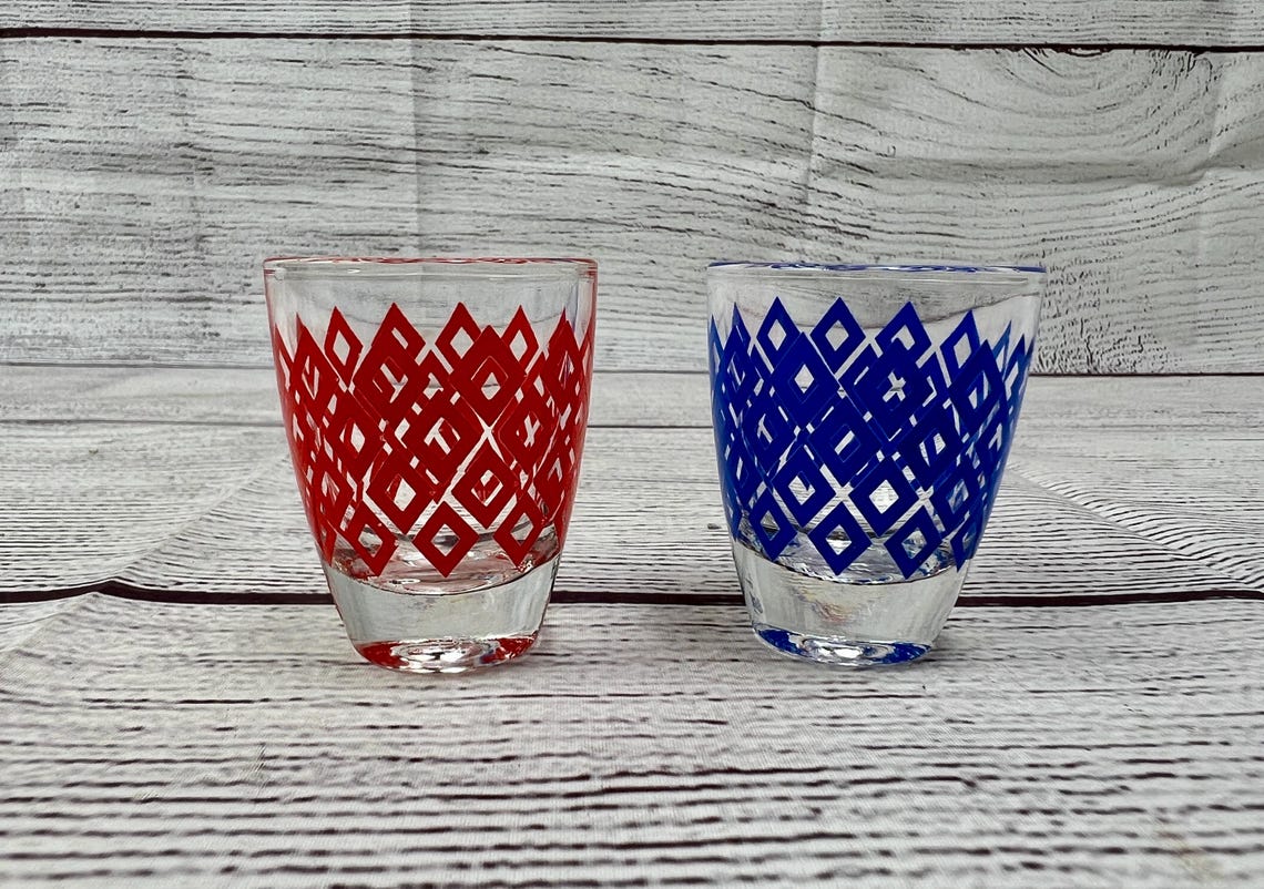 Set of Two French Red and Blue Diamond Pattern Shot Glasses - Etsy