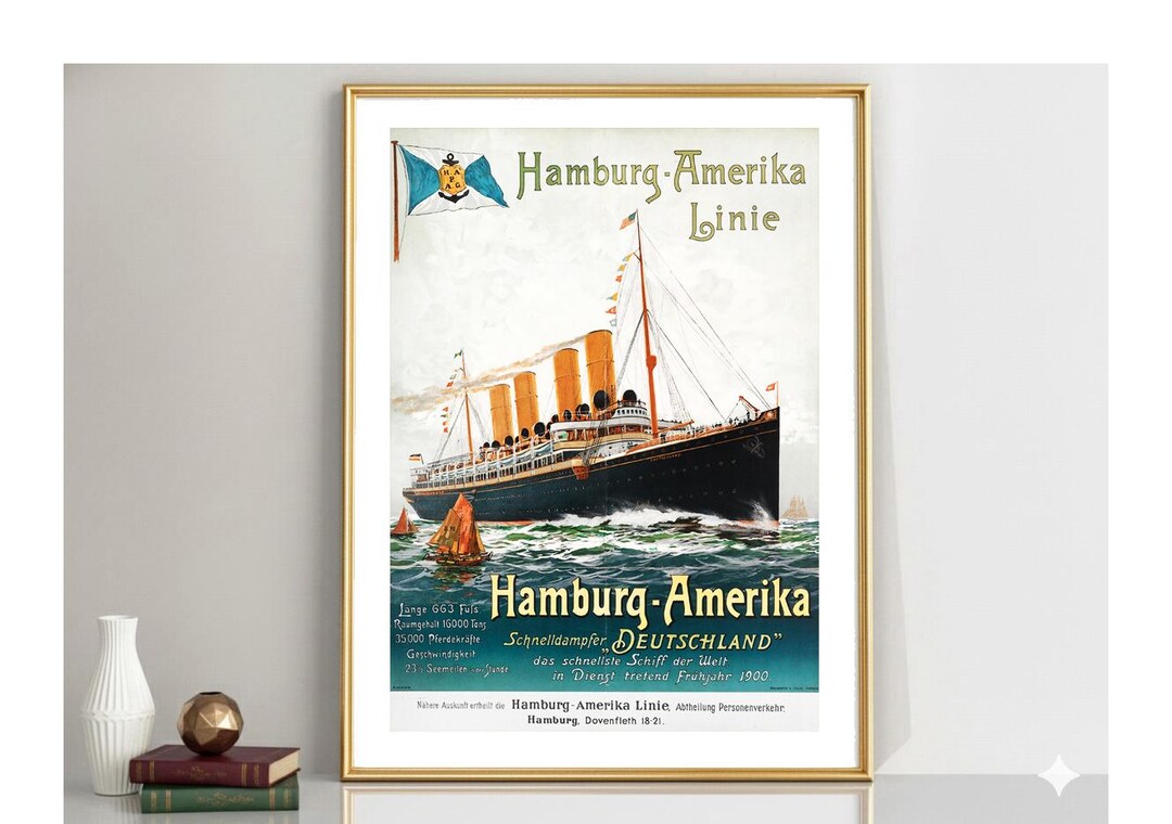 Hamburg Amerika Line Vintage Travel Poster: Maritime Romance Wall Art ...