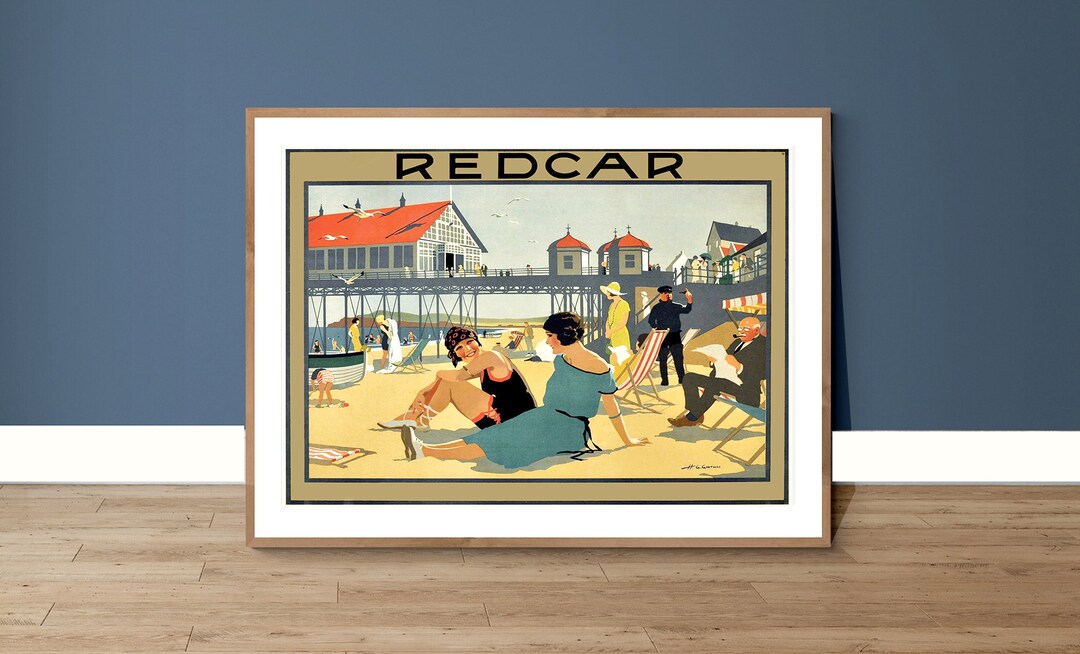 Redcar England Vintage Travel Poster: Beach Scene Print - Etsy