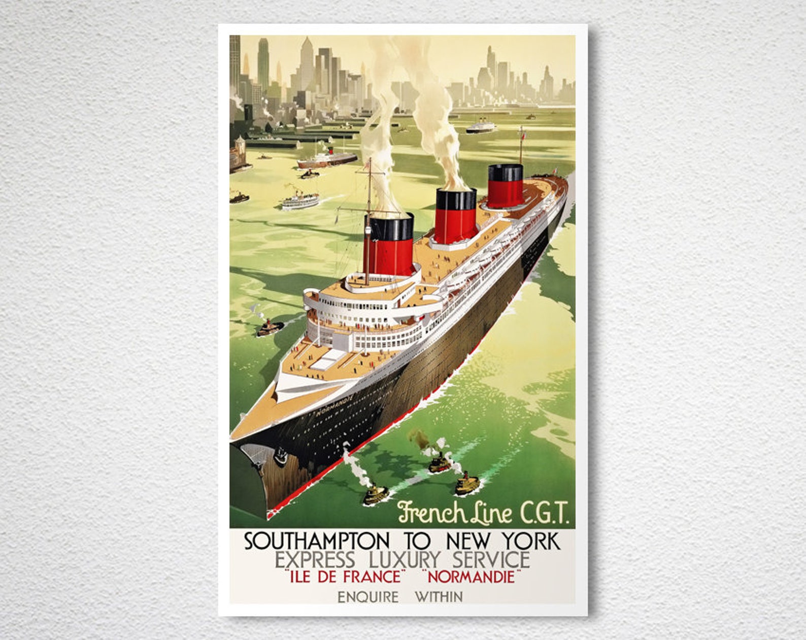 French Line Southampton to New York, Normandie Travel Poster Poster ...