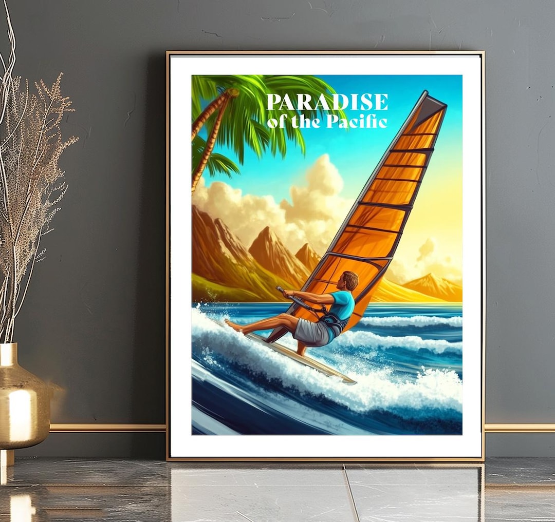 Paradise of the Pacific, Hawaii Travel Poster - Windsurfing Man / Gift ...