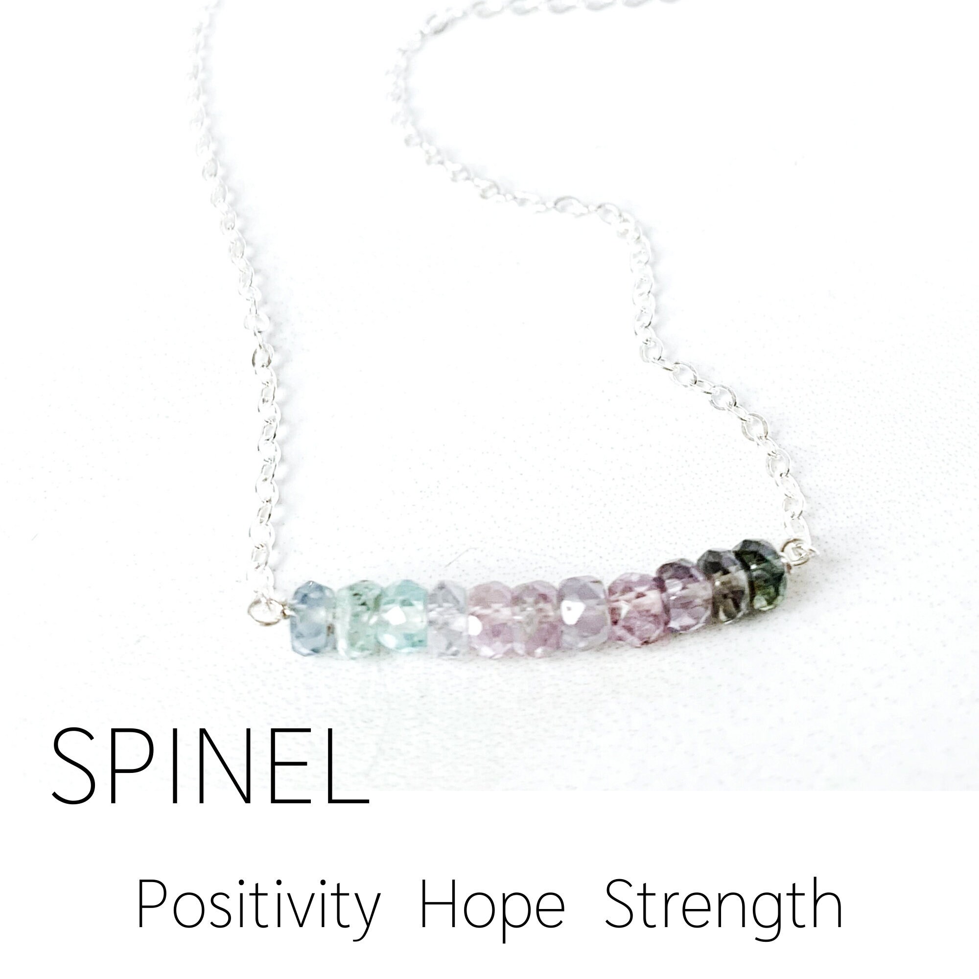 Positivity Hope Strength Necklace in Silver, Spinel Gemstone Bar Necklace