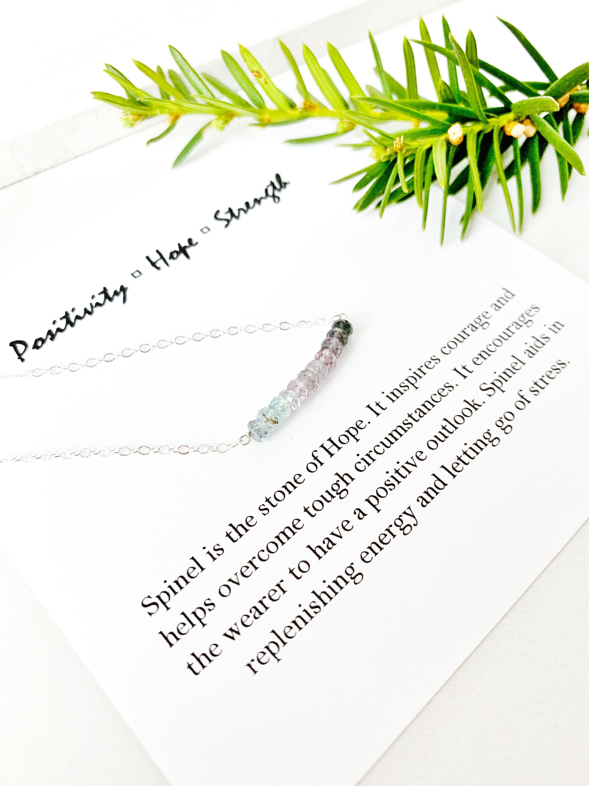 Positivity Hope Strength Necklace in Silver, Spinel Gemstone Bar Necklace