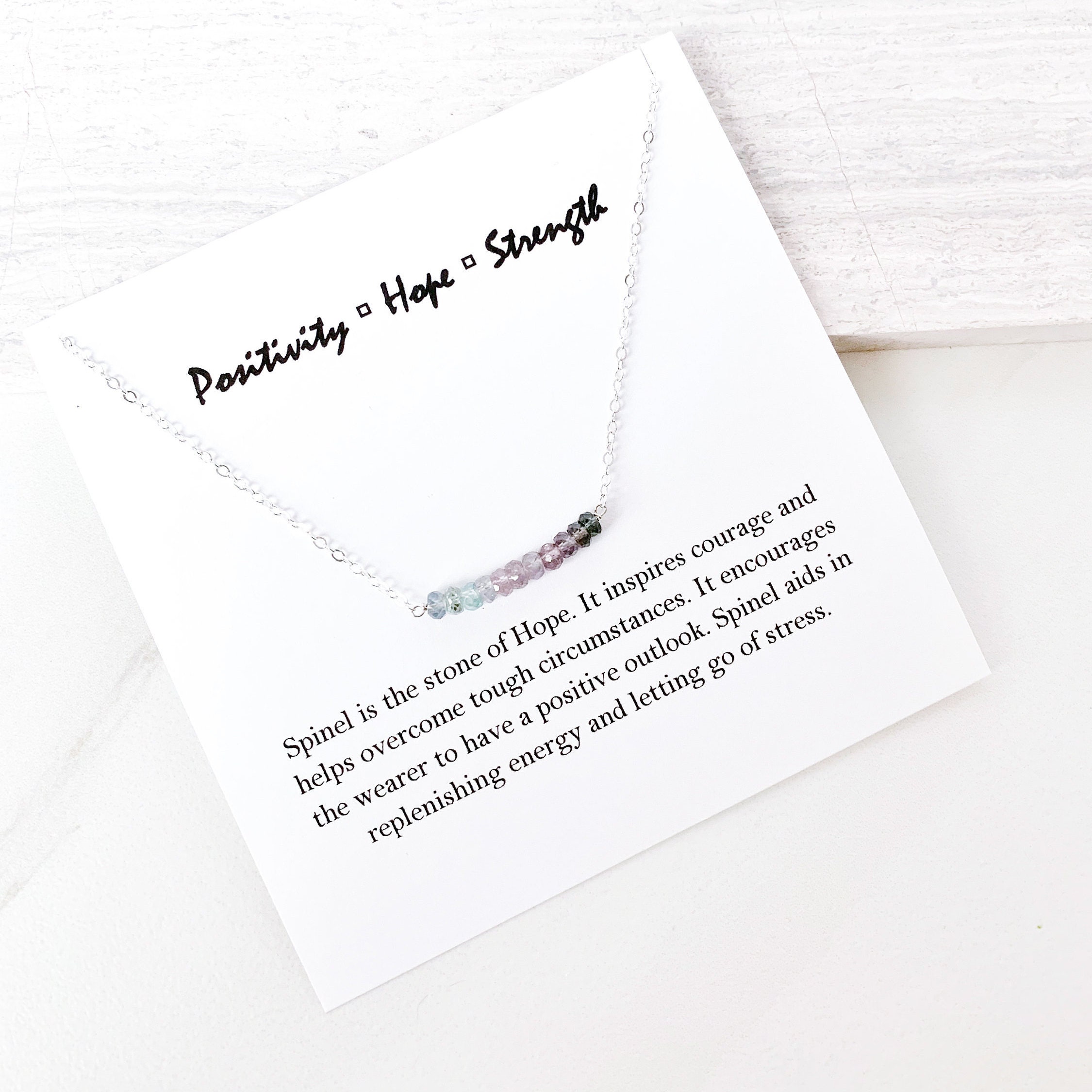 Positivity Hope Strength Necklace in Silver, Spinel Gemstone Bar Necklace