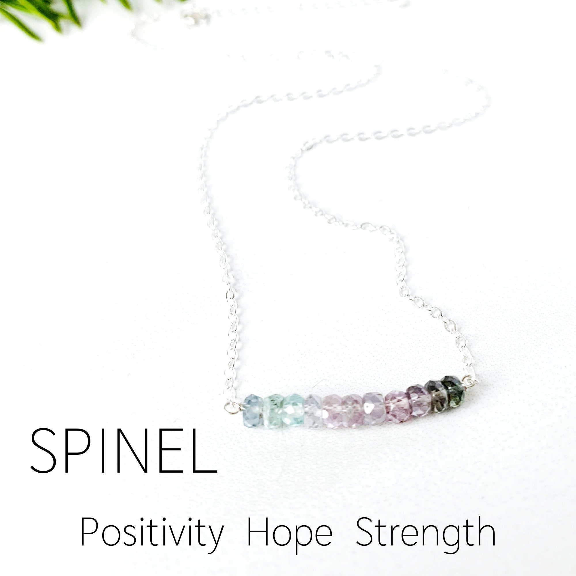 Positivity Hope Strength Necklace in Silver, Spinel Gemstone Bar Necklace