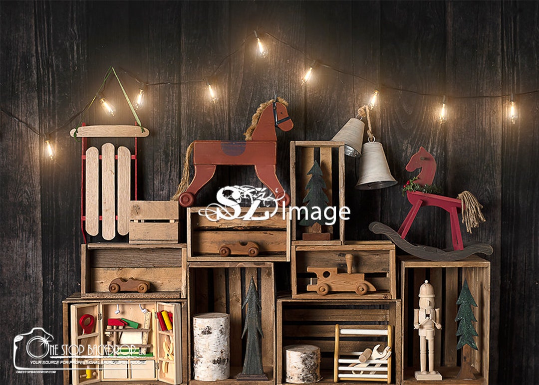 Wooden Toy Shop Christmas Backdrop SZ0167 on Glare Free Vinyl 7' Wide ...