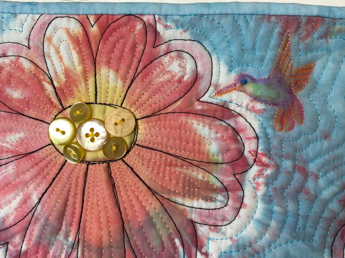 Hummingbird Garden, Art Quilt, Fabric Collage, Wall Hanging, Quilted ...