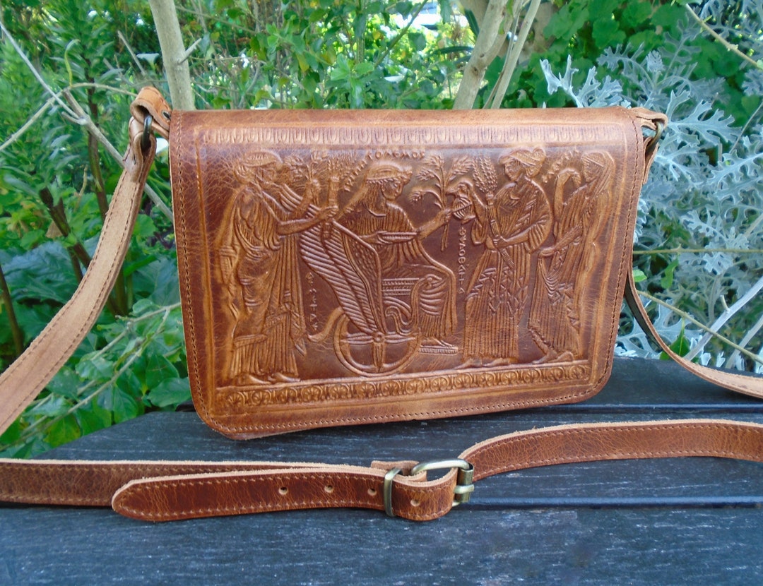 Handmade Greek Leather Bag, Women's Crossbody Bag With Embossed Ancient ...