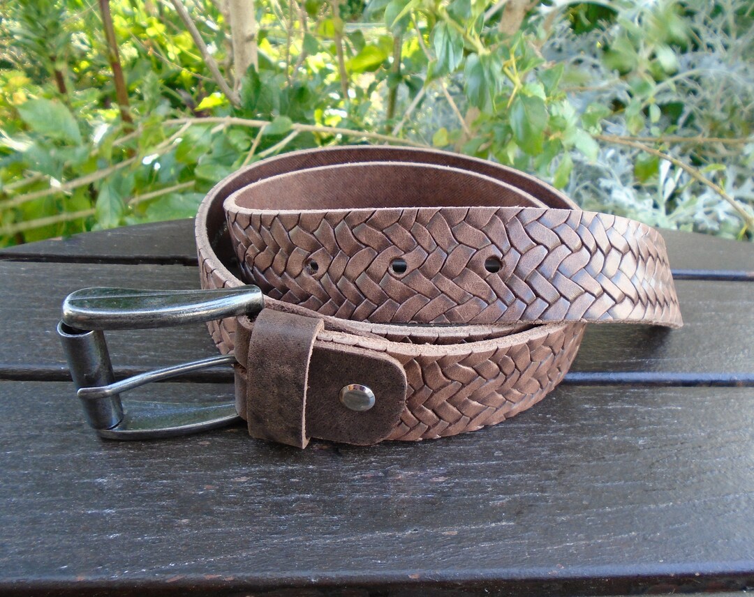 Greek Leather Belt, Handmade Belt With Embossed Woven Pattern, Tooled ...