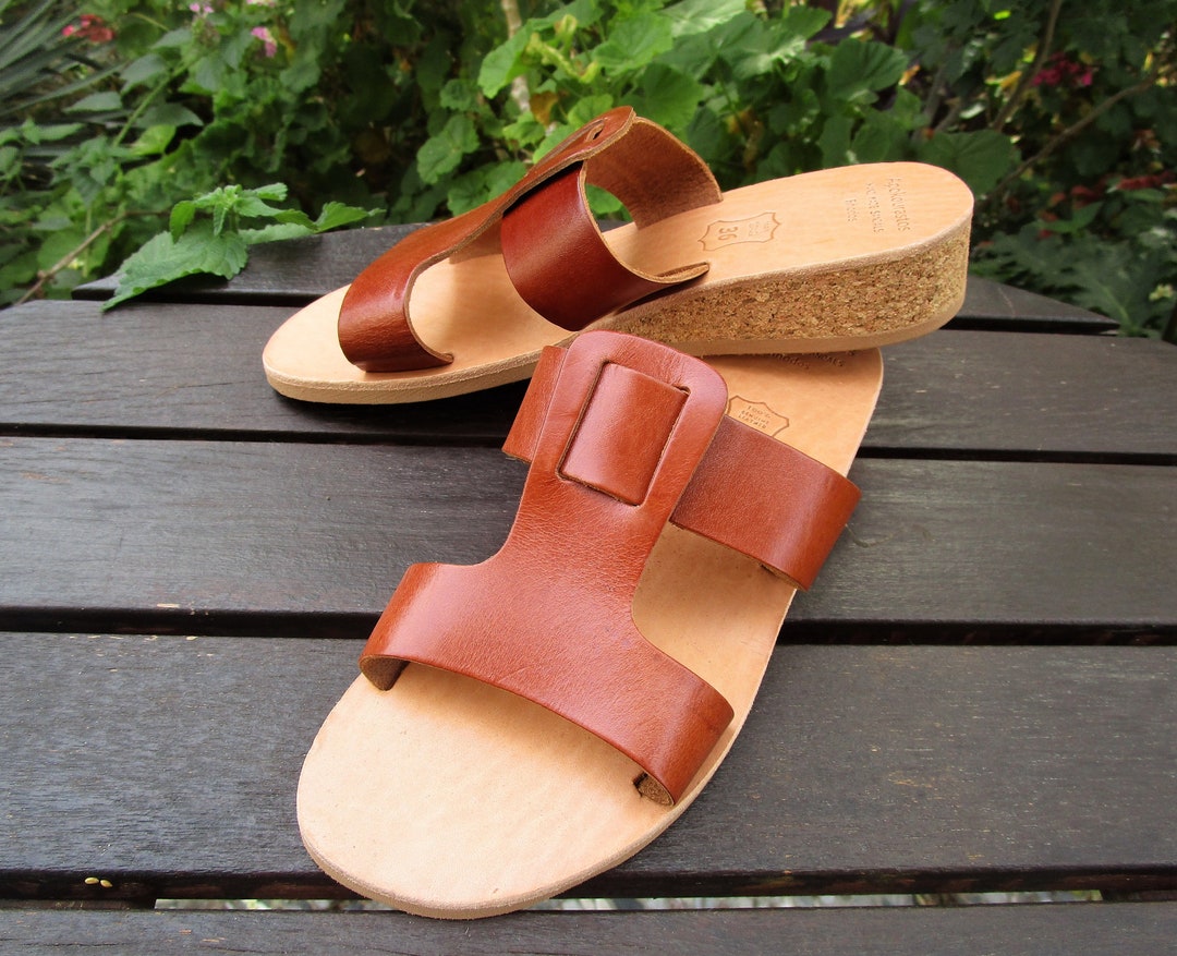 Sandales à talons compensées en liège, sandales en cuir grecques ...