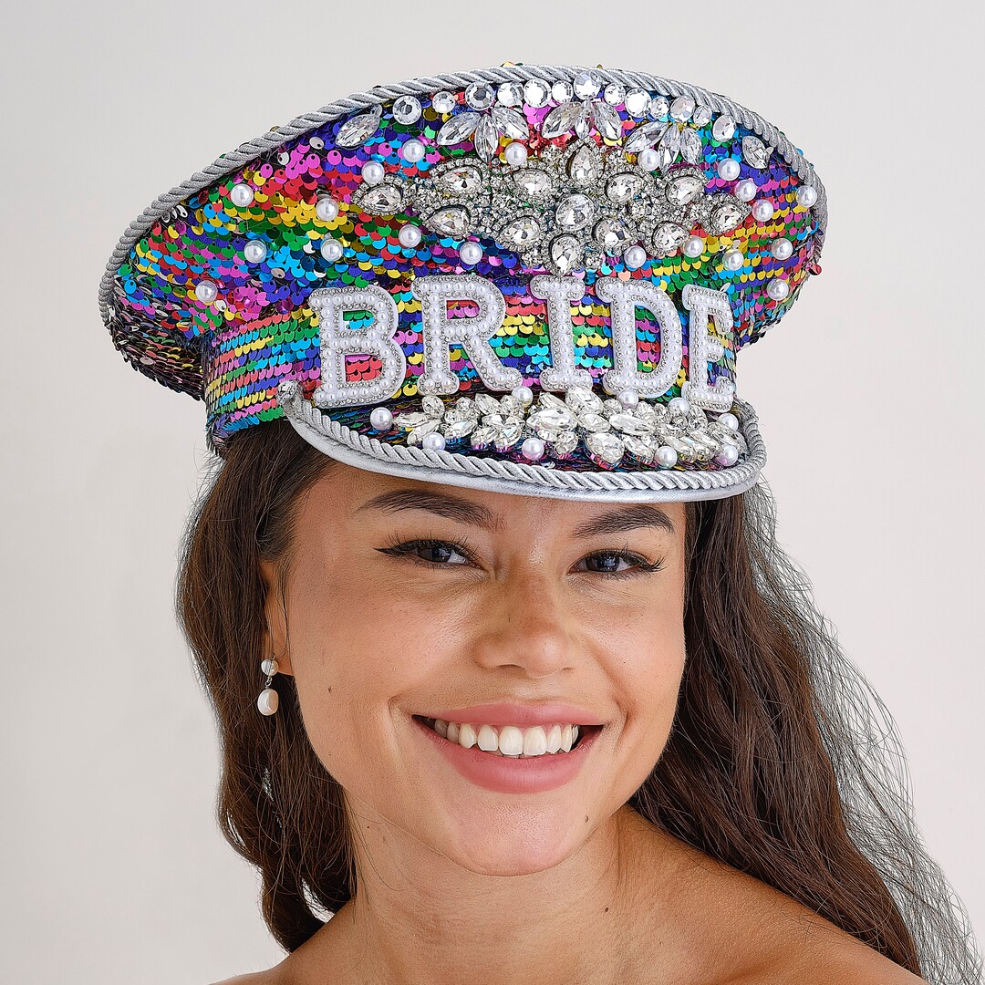 Rainbow Glitter Bride Captain's Hat Sparkling Sequins and Pearls ...