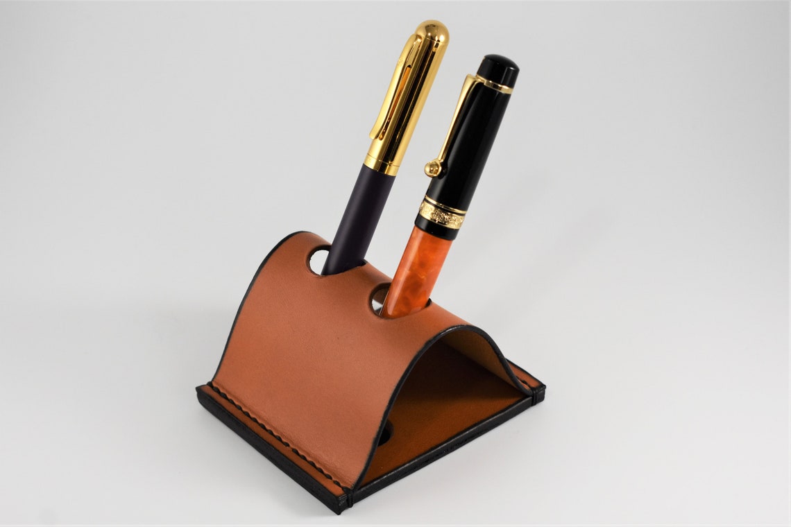 Fountain Pen Stand, Desk Pen Holder, Tan Leather 2 Pen Holder for Desk ...