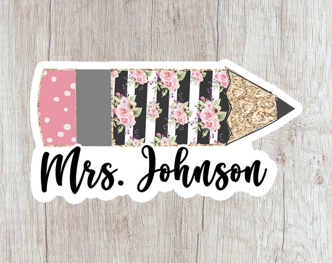Personalized Teacher Pencil Sticker, Laptop Stickers, Water Bottle ...