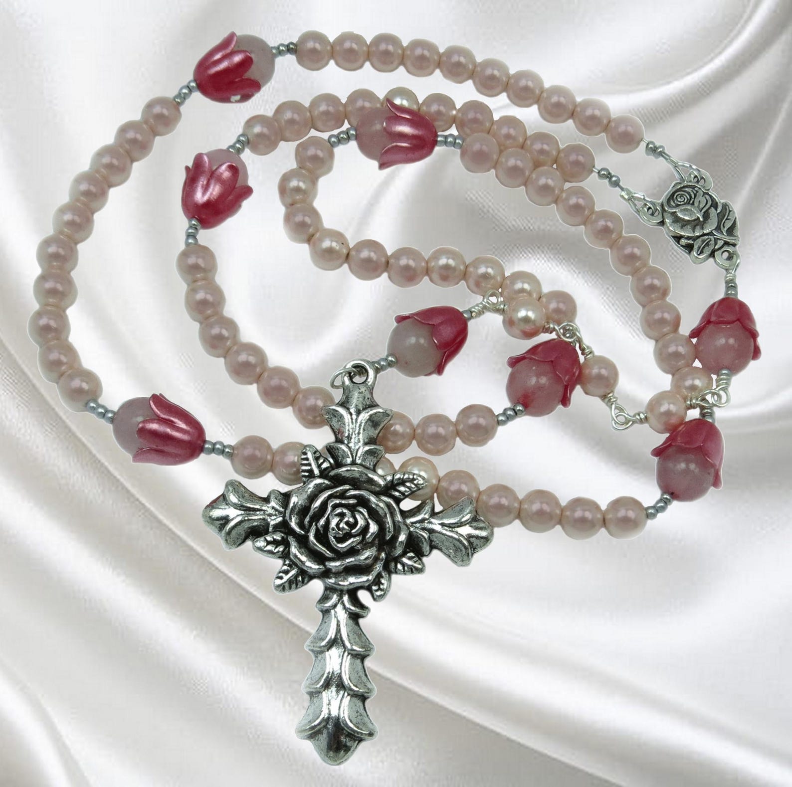 Handmade Franciscan Crown Rosary, Pink Pearl Catholic Rosary, Chaplet ...