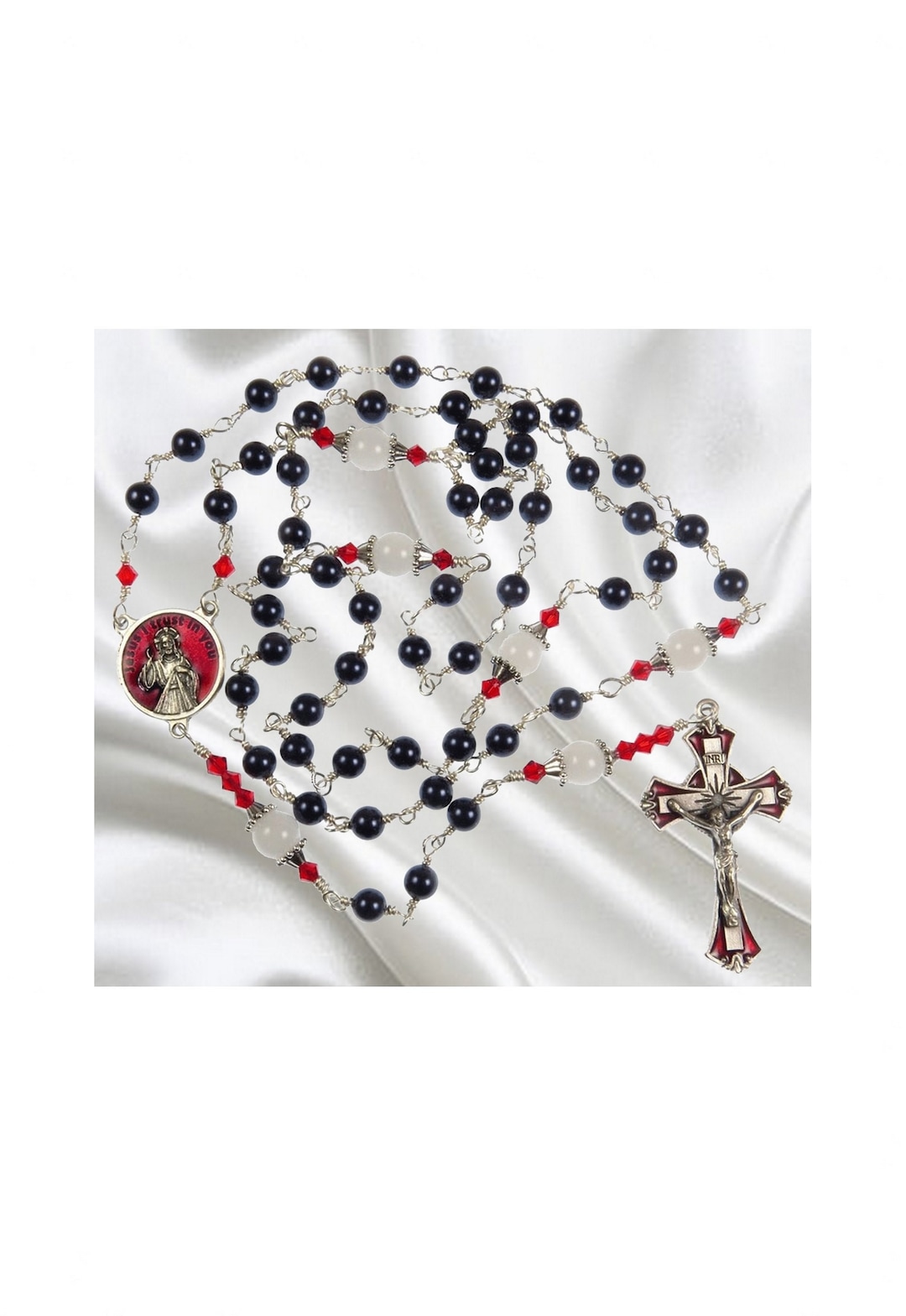 Handmade Unbreakable Catholic Rosary: Pearl, White Jade, & Silver Cross ...