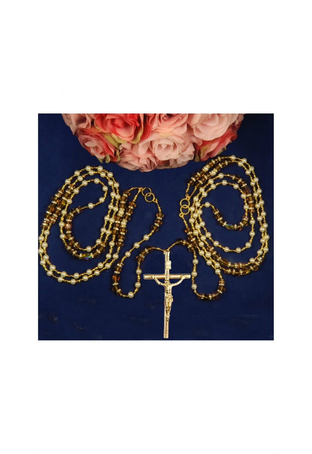 Handmade Catholic Wedding Lasso: Ivory Shell Pearls, Gold Tone Crucifix ...
