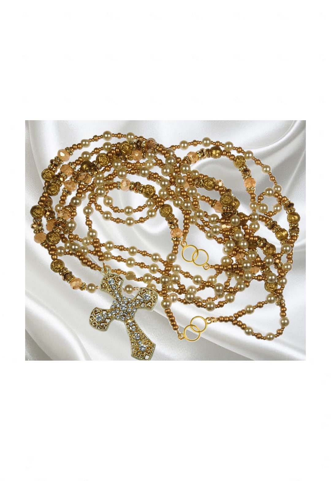 Handmade Wedding Lasso, White Ivory Glass Pearls, Gold Glass ...