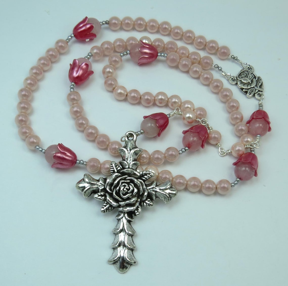 Handmade Franciscan Crown Rosary, Pink Pearl Catholic Rosary, Chaplet ...