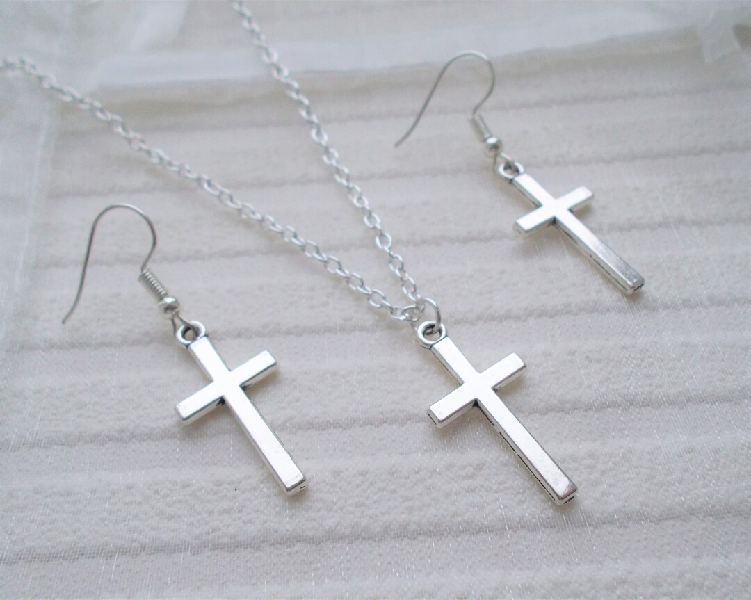 Simple Silver Cross Necklace and Earrings Set, Gift for Loved One - Etsy
