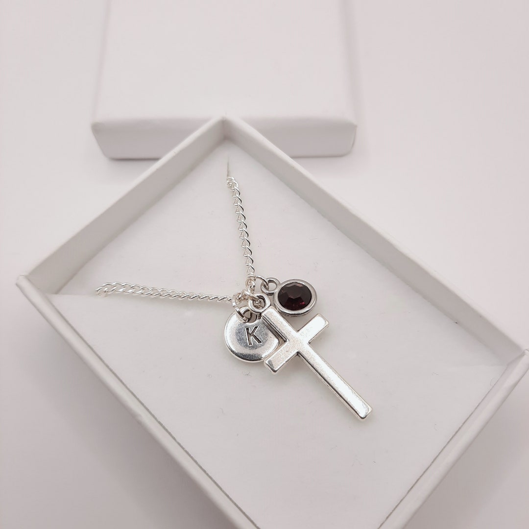 Cross Necklace With Initial and Birthstone, Silver Cross Necklace in ...