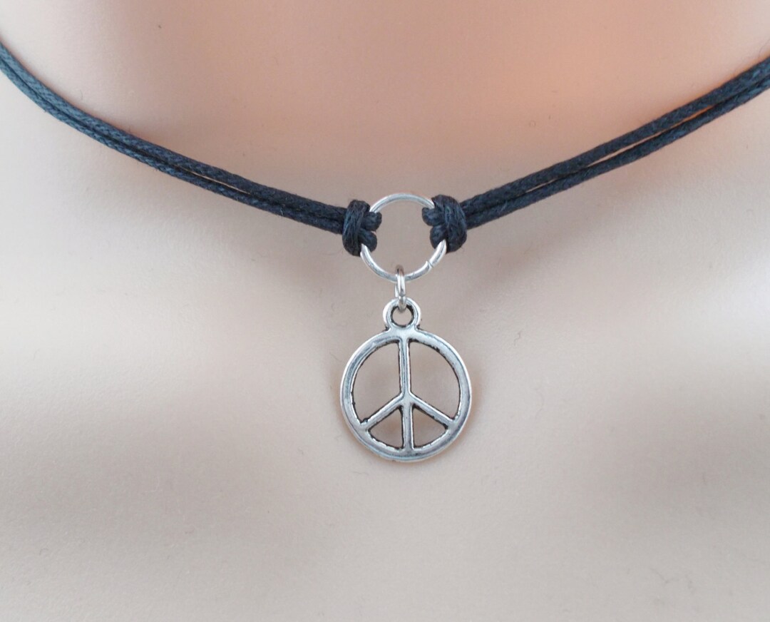 Black Cord Peace Sign Choker Necklace, Boho Hippie Jewellery, Silver ...