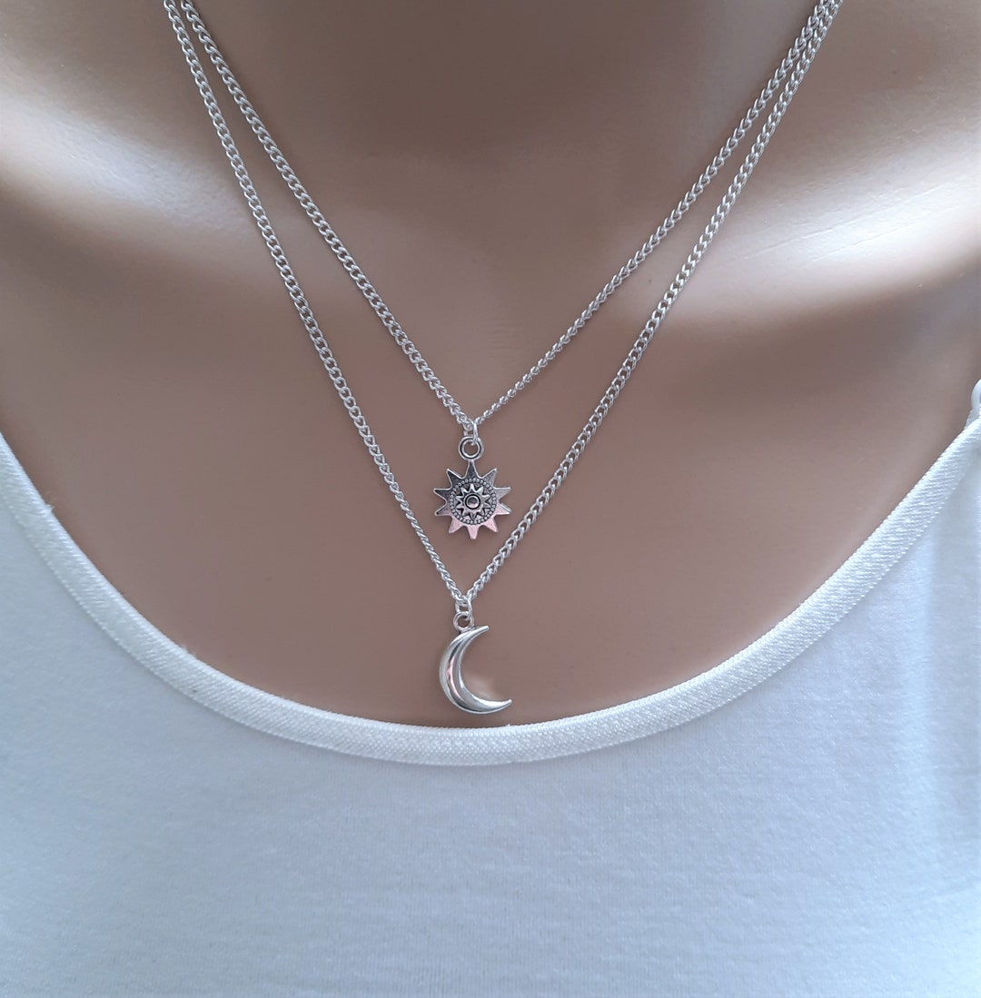 Silver Sun and Moon Necklace Set, Layered Jewellery for Her, Simple ...