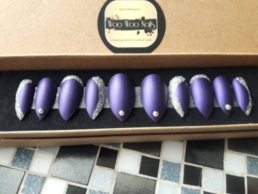 Purple Matte Hand Painted False Nails Press on Nails Full Cover Glitter ...