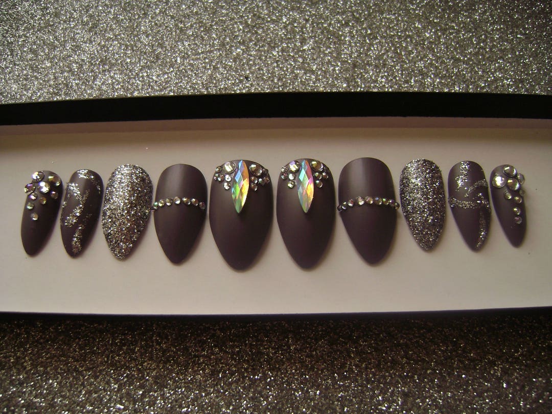 Matte Grey | Gel Nails | Hand Painted | False Nails Crystal Embellished ...