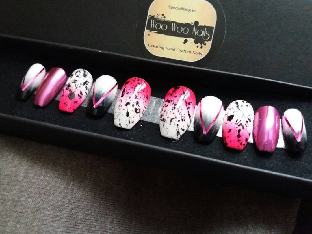Pink Chrome Black White Gradient False Nails | Fake Nails | Press Ons ...