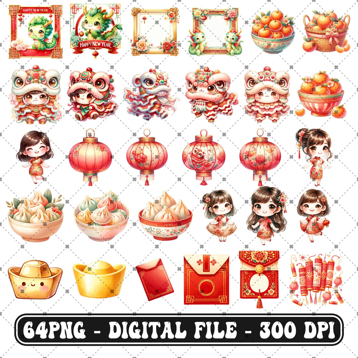 2024 Cute Dragon Clipart, Chinese New Year Watercolor Clipart, Lion ...