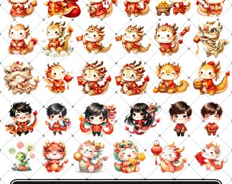 2024 Cute Dragon Clipart, Chinese New Year Watercolor Clipart, Lion ...