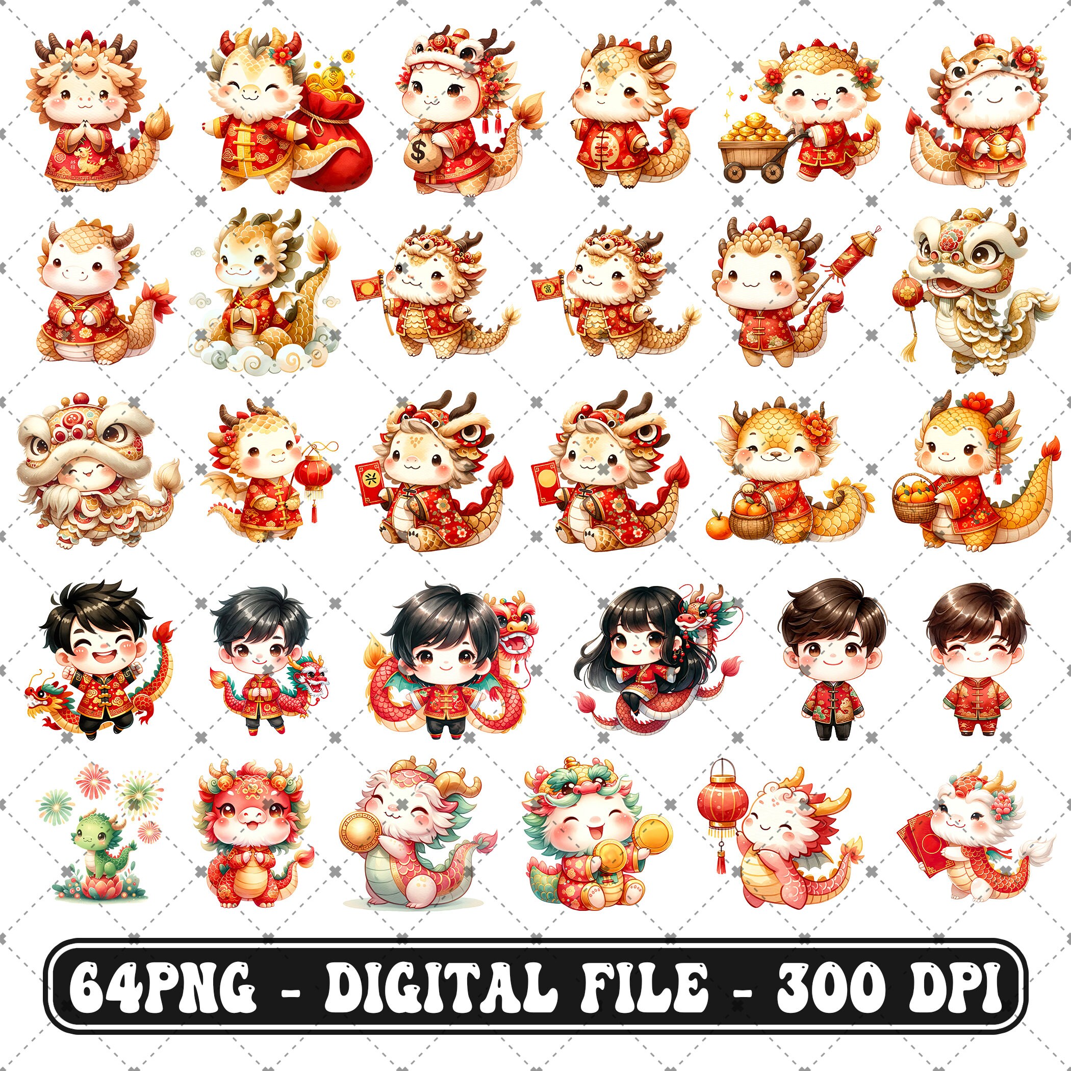 2024 Cute Dragon Clipart, Chinese New Year Watercolor Clipart, Lion ...