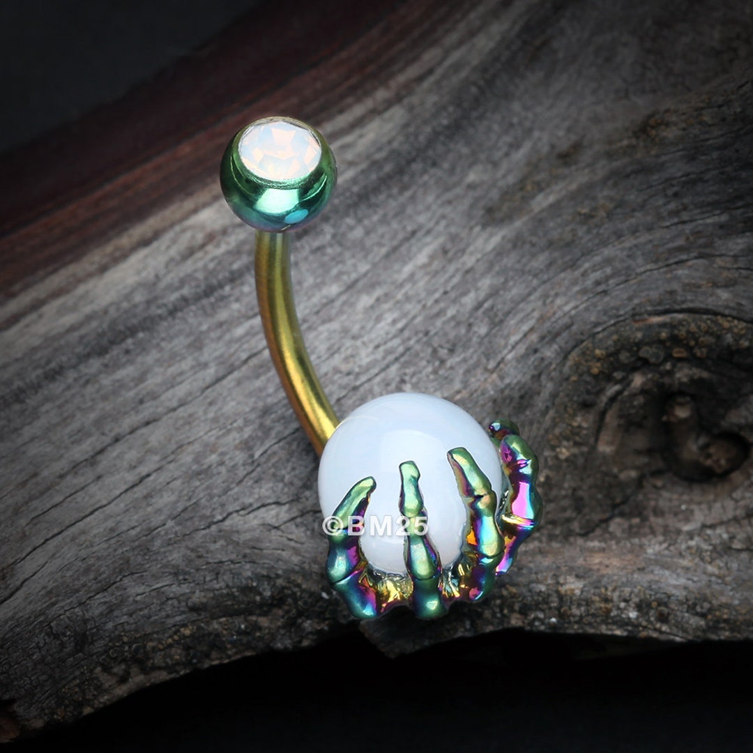 Colorline Moonstone Orb Shine Skeleton Hand Belly Button Ring - Etsy
