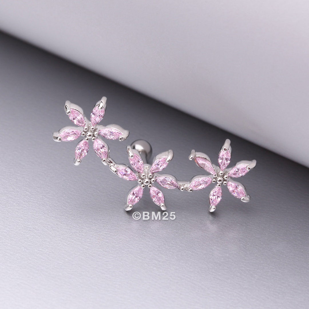 Grand Sparkle Triple Flowers Steel Cartilage Tragus Barbell Stud-pink ...