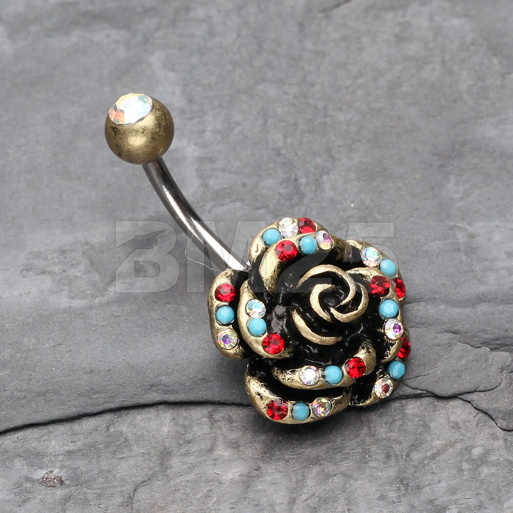 Vintage Boho Gleam Rose Belly Button Ring Brass/aurora | Etsy