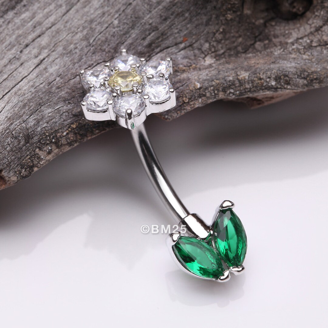 Blooming Sparkle Spring Flower Belly Button Ring-clear Gem/yellow/green ...